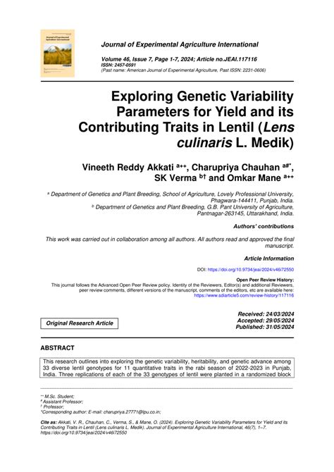 Pdf Exploring Genetic Variability Parameters For Yield And Its Contributing Traits In Lentil