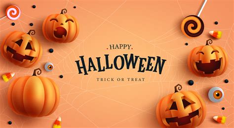 해피 할로윈 텍스트 벡터 디자인입니다 할로윈 트릭 또는 호박 캐릭터와 사탕 요소가 있는 인사말 텍스트 치료 0명에 대한 스톡