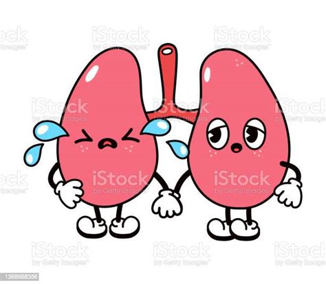 귀여운 재미 울고 슬픈 폐 문자 벡터 핸드는 전통적인 만화 빈티지 복고풍 가와이이 캐릭터 일러스트 아이콘을 그린 흰색 배경에 격리 크라이 폐 캐릭터 개념 개념에 대한 스톡