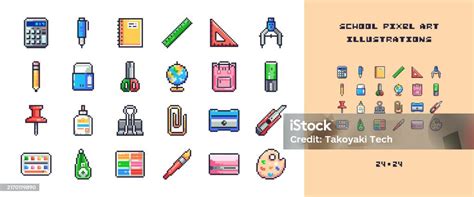 교실 및 사무용품 아이콘의 픽셀 아트 컬렉션 계산기 펜 공책 눈금자 기하학 나침반 연필 깎기 고무 지우개 가위 접착제 클립 배낭