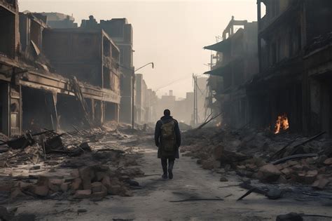 Un Hombre Caminando Por La Calle En La Ciudad Destruida Foto Premium