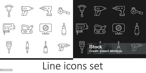 세트 라인 전기 무선 드라이버 스크루 드라이버 대패 도구 퍼즐 건설 착암기 원형 블레이드 및 아이콘 벡터 강철에 대한 스톡 벡터 아트 및 기타 이미지 Istock