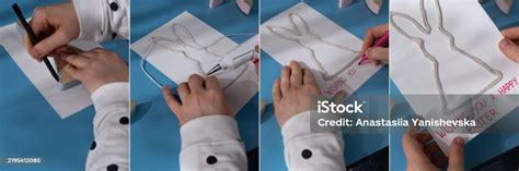 목화 밧줄로 만든 Easter 토끼의 콜라주 지속 가능한 준비 수제 인사말 카드를 만드는 Diy 과정 어린이를 위한 단계별 활동