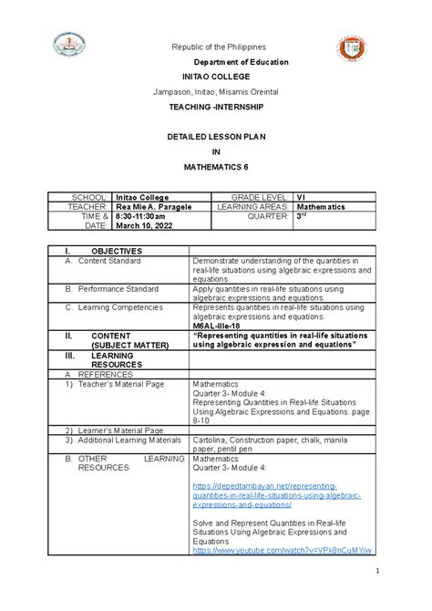 Dlp Math Grade 6 “representing Quantities In Real Life Situations