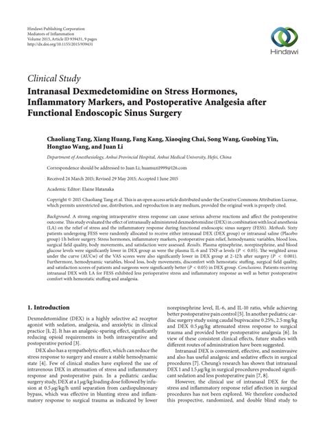 Pdf Intranasal Dexmedetomidine On Stress Hormones Inflammatory Markers And Postoperative