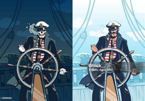 Капитан Судна За Штурвалом На Морском Фоне — стоковая векторная графика