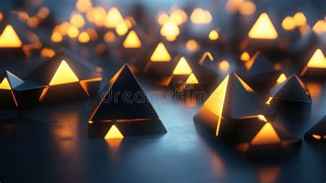 Abstract Geometric Scene With Illuminated Pyramid Like Shapes In A Dark Environment Stock