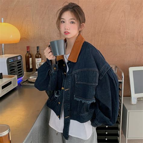 하프닌 카라 배색 청자켓 데님 긴팔 오버 루즈핏 힙한 스트릿 캐주얼 유니크 20대 30대 봄 가을 환절기 아우터 자켓