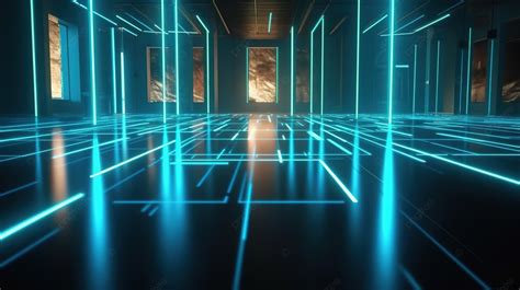 네온 조명이 있는 네온 복도의 이미지 3d 렌더링 그림은 미래의 프리미엄 제품 및 기술을 위한 바닥 반사에 빛나는 네온 불빛 고화질 사진 사진 ~ 주도의 배경 일러스트