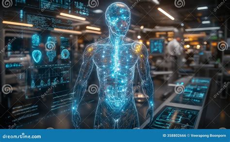 Futuristic Representation Of A Humanoid Figure With Digital Anatomy And Data Visualization Stock