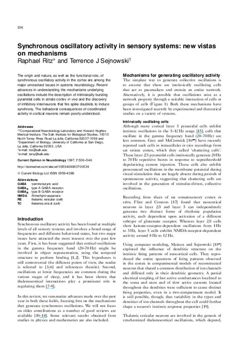 Pdf Synchronous Oscillatory Activity In Sensory Systems New Vistas