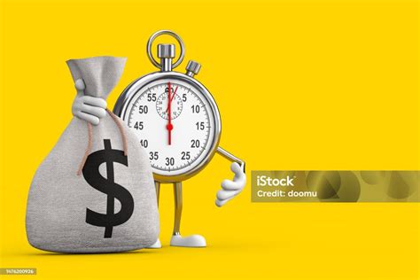 현대 스톱워치 만화 사람 캐릭터 마스코트 묶인 소박한 캔버스 린넨 돈 자루 또는 달러 기호가 있는 돈 가방 3d 렌더링 3차원 형태에 대한 스톡 사진 및 기타 이미지