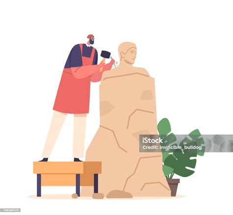 조각가 남성 캐릭터는 끌과 망치를 사용하여 돌을 조각하고 스튜디오에서 정밀하고 능숙하게 남성 인물을 형성합니다 고대의에 대한