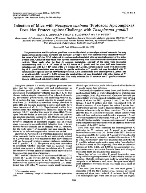 Infection Of Mice With Neospora Caninum Protozoa Apicomplexa Does