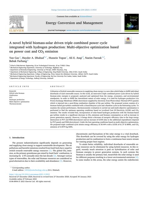 Pdf A Novel Hybrid Biomass Solar Driven Triple Combined Power Cycle Integrated With Hydrogen