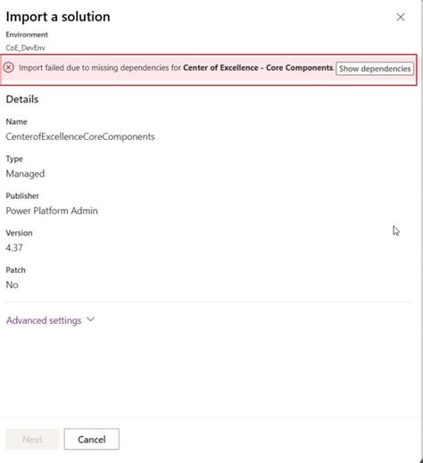 import failed due to missing dependencies for center of excellence