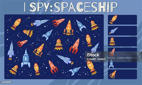 나는 게임을 스파이 아이들의 교육 재미 얼마나 많은 우주 왕복선을 계산합니다 어두운 파란색 배경에 만화 로켓 항공 우주 차량을 개요 유치원 게임에 대한 벡터 템플릿 수학에