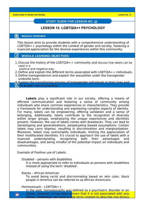 Lesson Lesson Activites Study Guide In Gender And Society Lesson No STUDY GUIDE