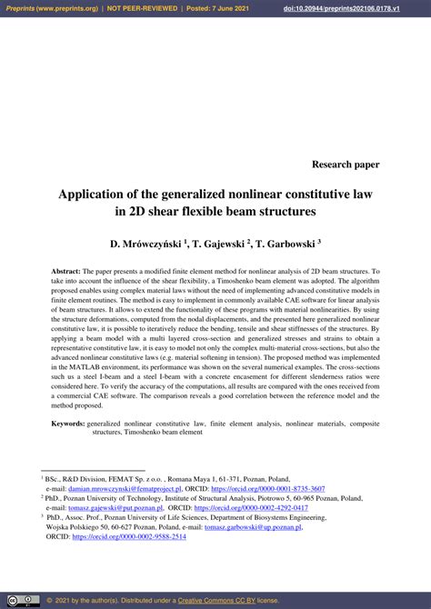 Pdf Application Of The Generalized Nonlinear Constitutive Law In 2d Shear Flexible Beam Structures