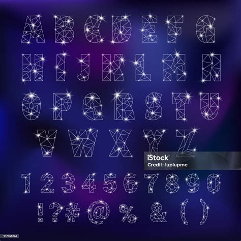 알파벳 Abc 벡터 알파벳 글꼴 별자리 별 Astromomy 알파벳 인쇄 술 그림 밤 배경에 고립에서 편지 유명 인사에 대한 스톡 벡터 아트 및 기타 이미지 Istock