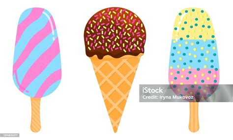 아이스크림 3개 세트 프루티 초콜릿 콘 아이스크림에 뿌려주세요 벡터 플랫 일러스트레이션 갈색에 대한 스톡 벡터 아트 및 기타 이미지 Istock