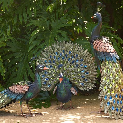 Set Of 3 Elegant Iron Peacocks With Acrylic Jewel Detail Garden
