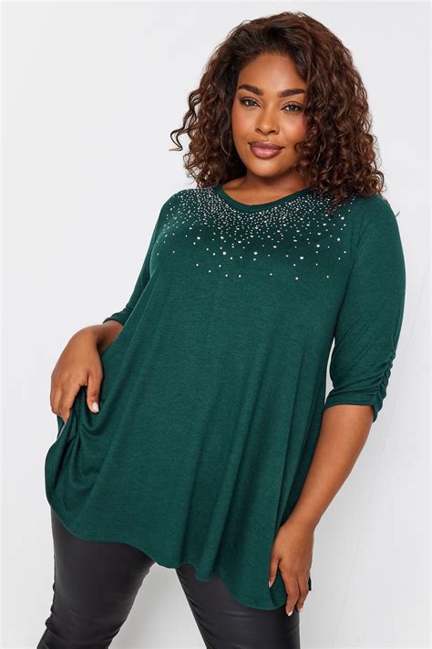 Yours Plus Size Forest Green Stud Embellished Swing Top Yours Clothing