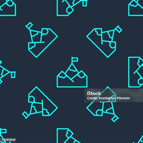 상단 아이콘에 플래그가있는 녹색 라인 산은 파란색 배경에 원활한 패턴을 격리합니다 승리 또는 성공 개념의 상징 목표 달성 벡터