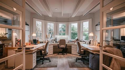 Beautifully Designed Workspace Merging High Functionality With Comforting Aesthetics Stock