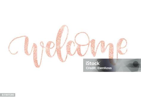 환영 합니다 아름 다운 패션 인사말 카드 서 반짝이 핑크 골드 텍스트입니다 필기 초대 T셔츠 인쇄 또는 종이 디자인입니다 현대 브러쉬 레터링 흰색 배경에 고립 된 벡터