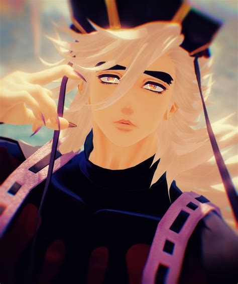 An Anime Character With White Hair And Blue Eyes Holding Scissors To His Head While Looking At