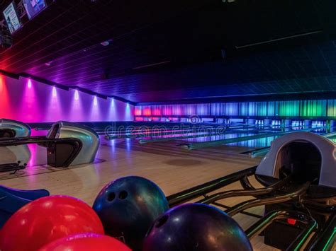 Multi Colored Illumination Of Lanes In A Huge Bowling Alley Editorial Photo Image Of Vehicle