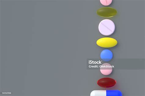 회색 배경에 다른 알약의 행입니다 의료 및 의료의 개념 약물과 비타민의 복용량 공간을 복사합니다 평면도 3d 렌더링 3차원 형태에 대한 스톡 사진 및 기타 이미지 Istock