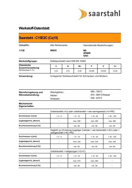 Werkstoff Datenblatt Saarstahl C15e2c Cq15