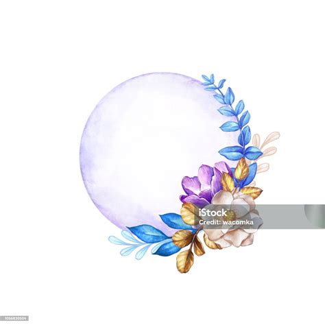 둥근 프레임 흰색 보라색 손으로 그린 꽃 블루 골드 나뭇잎 동화 화 환 빈 인사말 카드 서식 파일 텍스트에 대 한 공간 꽃 수채화 식물 그림 꽃 식물에 대한 스톡 벡터 아트
