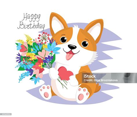 꽃다발 하트가 있는 귀여운 코기 강아지 손글씨 생일 축하합니다 미소를 짓고 있는 만화 강아지 생일 축하 카드 벡터 일러스트 레이 션 가축에 대한 스톡 벡터 아트 및 기타