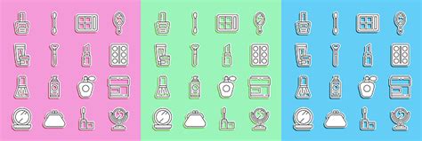 세트 라인 라운드 메이크업 미러 크림 로션 화장품 튜브 아이 섀도우 팔레트 메이크업 브러쉬 매니큐어 병 과 립스틱 아이콘 벡터