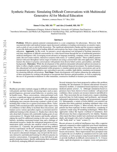 Pdf Synthetic Patients Simulating Difficult Conversations With