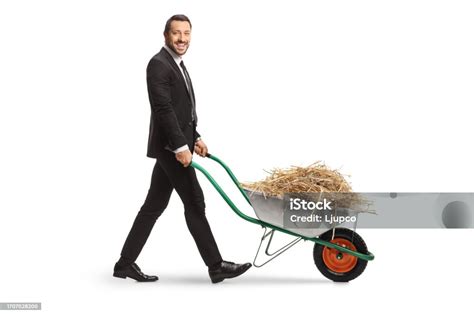외바퀴 손수레에 건초를 들고 걷는 사업가의 전체 길이 프로필 샷 경영자에 대한 스톡 사진 및 기타 이미지 경영자 농업 30 34세 Istock