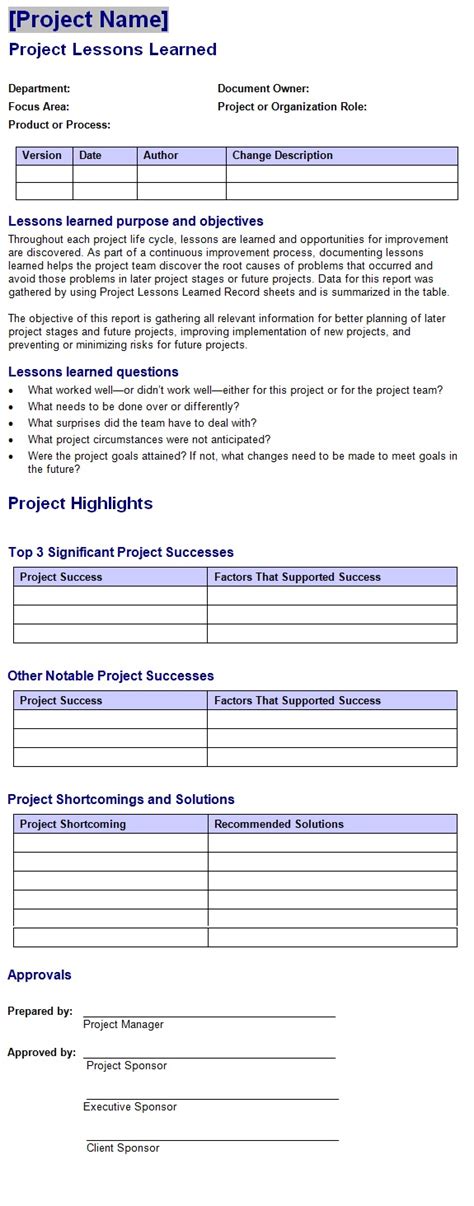 Lessons Learned Template
