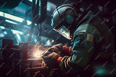 조선 조선소 중공업 생성 인공 지능에서 일하는 용접기 프리미엄 사진