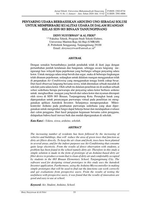 Pdf Penyaring Udara Berbasiskan Arduino Uno Sebagai Solusi Untuk Memperbaiki Kualitas Udara Di