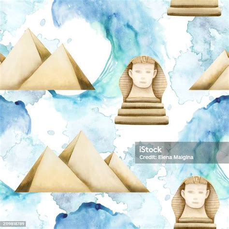 이집트 피라미드 스핑크스의 동상과 홍해 파도 수채화 Seamless 패턴 이집트 관광 디자인 유월절 출애굽 그림에 대 한 학가 다 이야기 갈색에 대한 스톡 벡터 아트 및