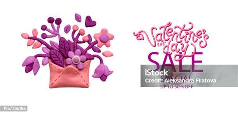 다양한 꽃 잎 허브를 플라스틱 봉투에 넣으십시오 분홍색과 라일락 플라스틱 점토 3d 그림이 흰색 배경에 격리되어 있으며 귀여운 반죽 모양입니다 발렌타인 데이 세일 개념에