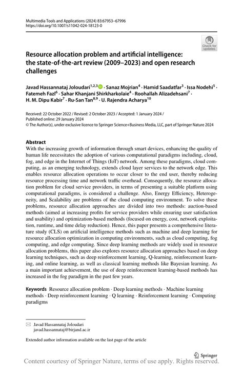 Resource Allocation Problem And Artificial Intelligence The State Of The Art Review 20092023