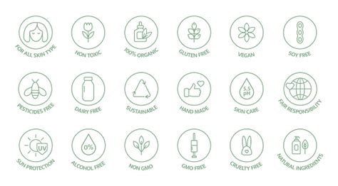 비건 유기농 화장품 라인 아이콘 Gmo 프리 엠블럼 자연 식품 수제 생태 상징 스킨케어 픽토그램 제품 무료 알레르겐 라벨 생분해성 스티커 건강한 식습관 벡터 일러스트 레이