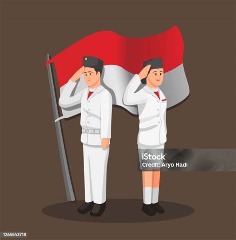 파스키브라카는 인도네시아 국기를 기르고 낮추는 청소년 단체입니다 흰색 배경에서 고립 된 만화 일러스트 벡터의 균일 한 개념의 커플 공휴일에 대한 스톡 벡터 아트 및 기타