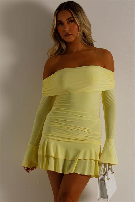 Bardot Mini Dress Ruffle Frill Hem Long Sleeves Yellow Festival Outfit Uk