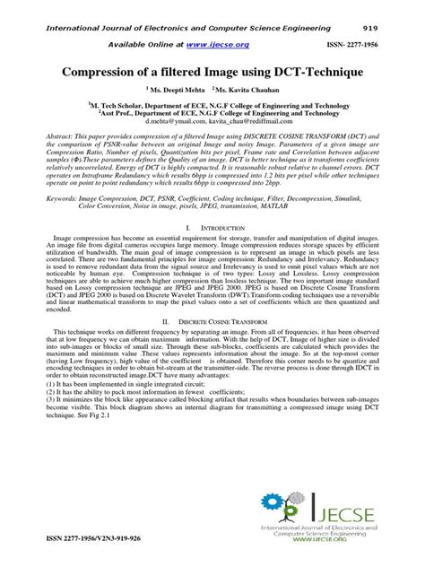 compression of a filtered image using dct technique pdf data