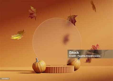 3d 배경 호박과 가을 잎이 달린 오렌지 연단이 전시되어 있습니다 화장품 미용 제품 홍보 자연 그림자가있는 받침대가 떨어집니다